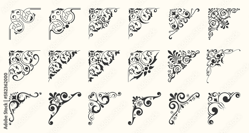Set of decorative corner frames. Vintage calligraphic corners and ...