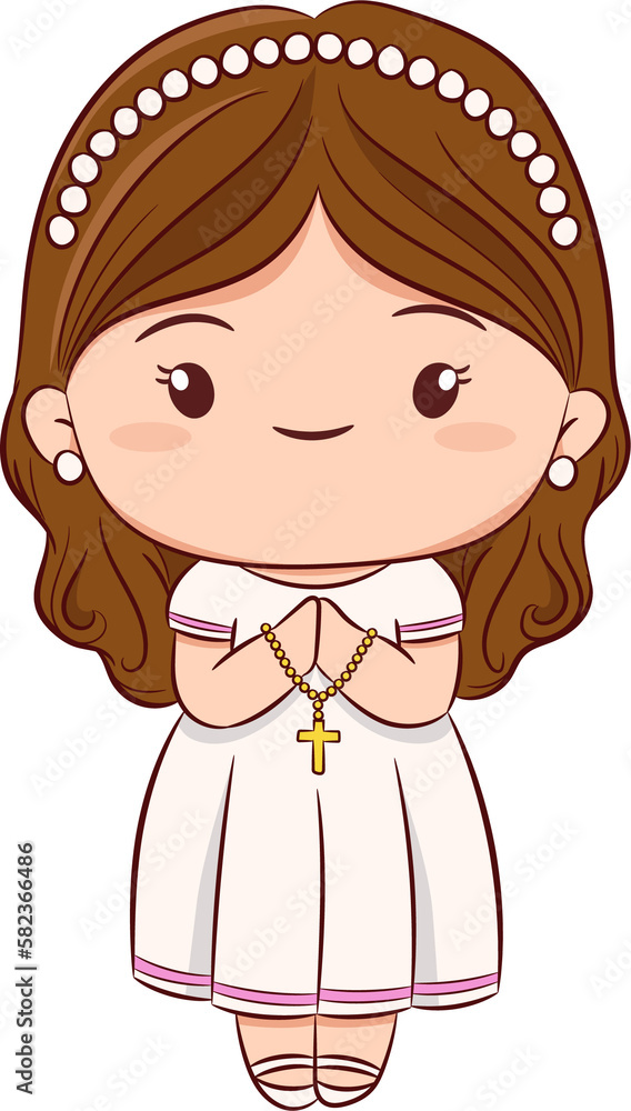 First communion concept with cute girl praying and standing hand drawn ...