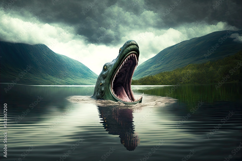 loch ness monster spreading its mouth and floating on lake, created ...