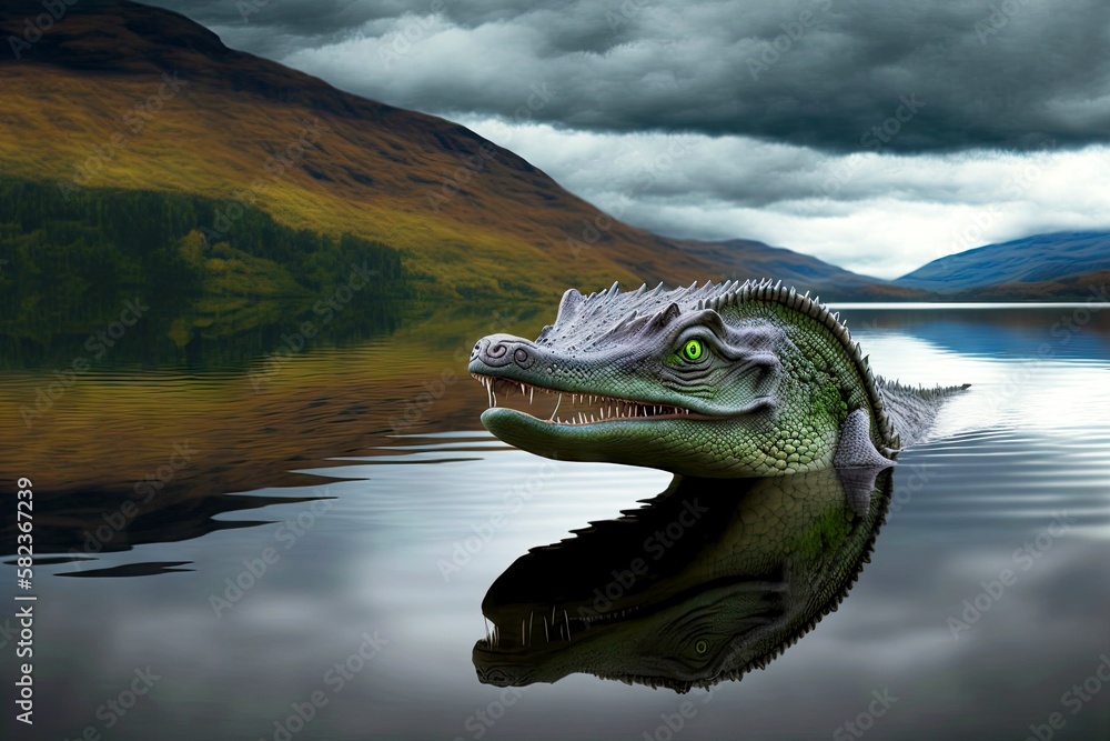 mysterious reptile in scottish lake loch ness monster, created with generative ai Stock ...