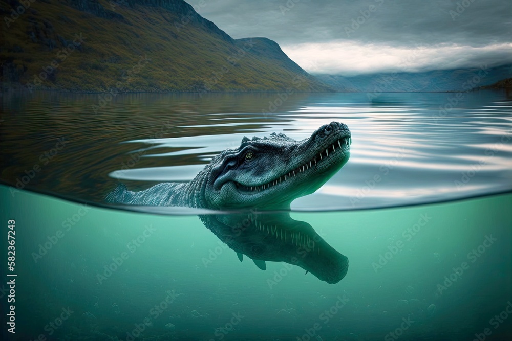 mysterious reptile in scottish lake loch ness monster, created with generative ai Stock イラスト ...