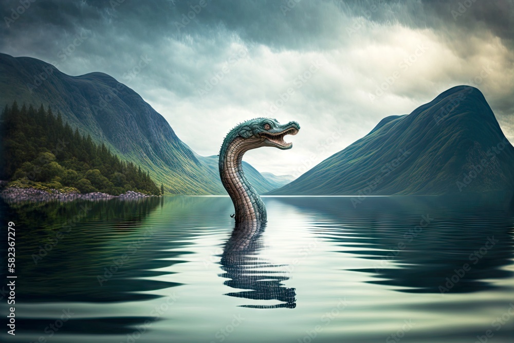 scottish mythology loch ness monster floating in water against backdrop of hills, created with ...