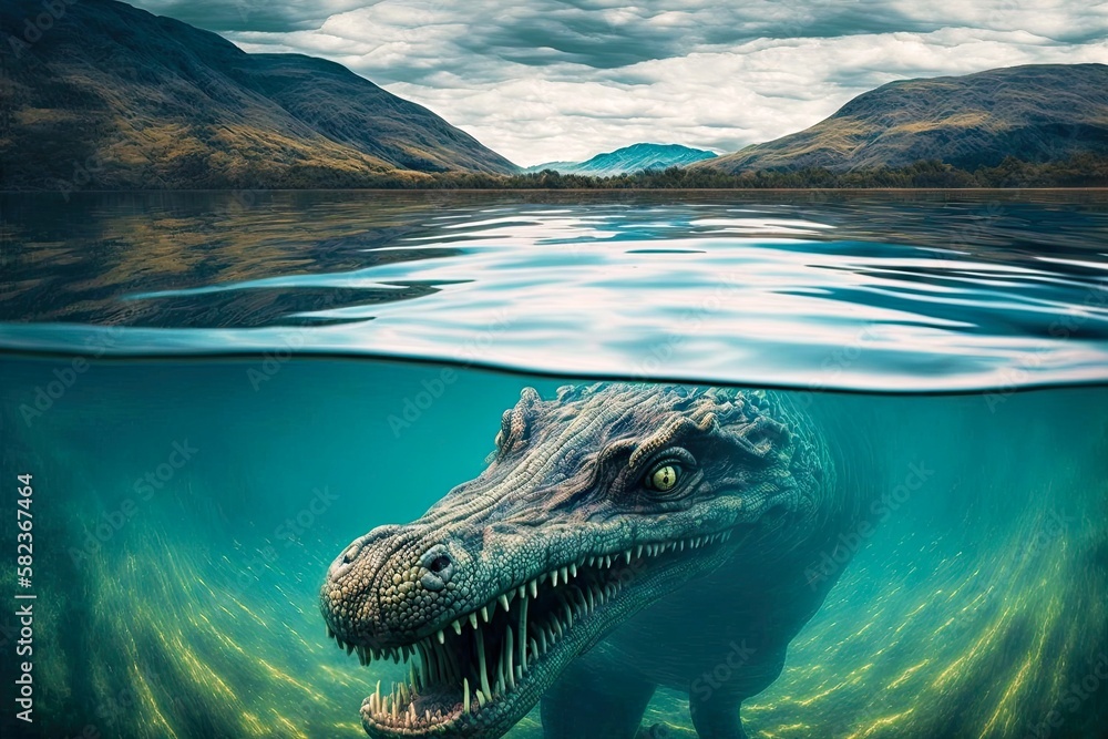 reptile loch ness monster floating underwater in lake of scotland, created with generative ai ...