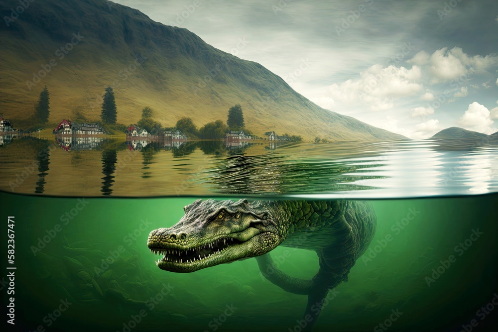 reptile loch ness monster floating underwater in lake of scotland, created with generative ai ...