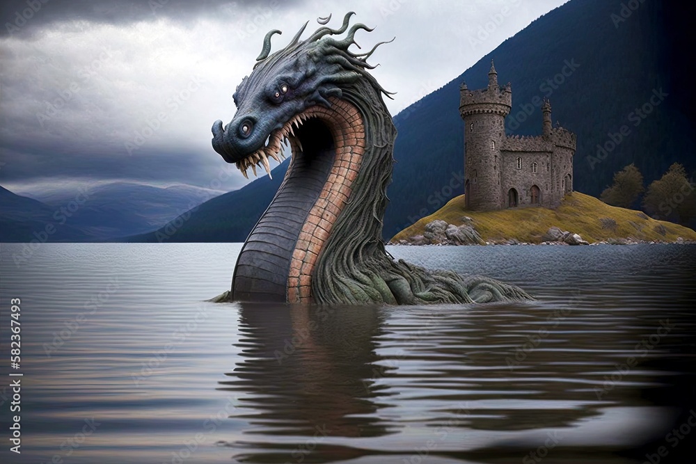 scottish legends of loch ness monster living in lake, created with generative ai Stock ...