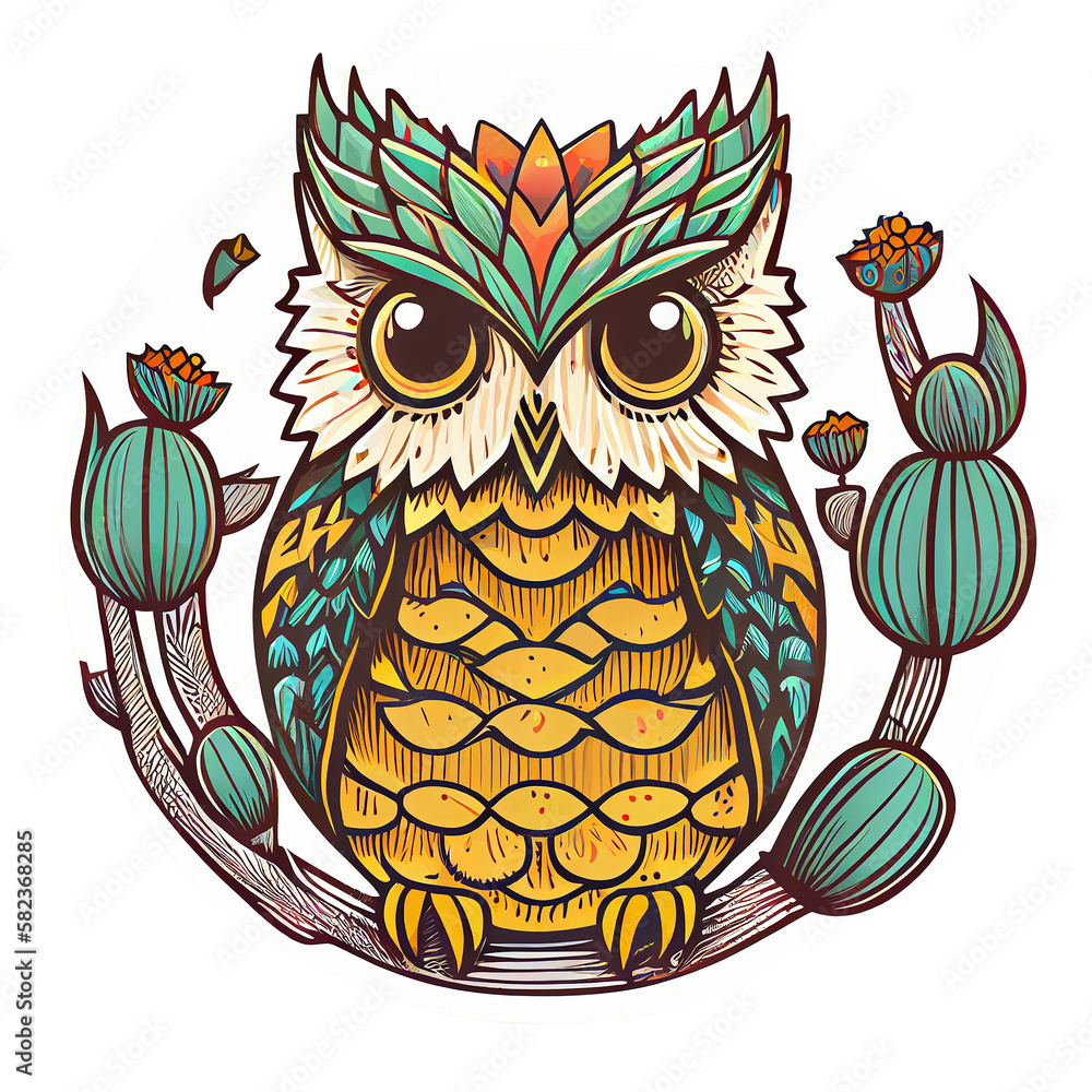 Ananas Owl Hybrid Sticker - Happy Tertiary Color Gothic Contour Vector ...