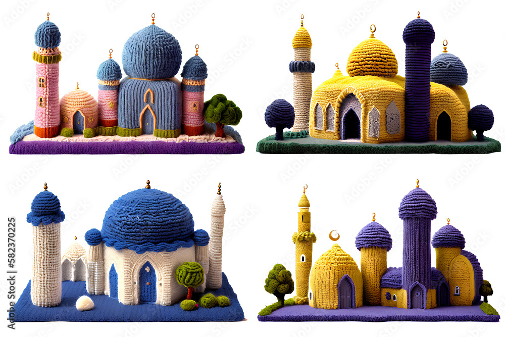 collection of illustrations of mosque objects on isolated white ...