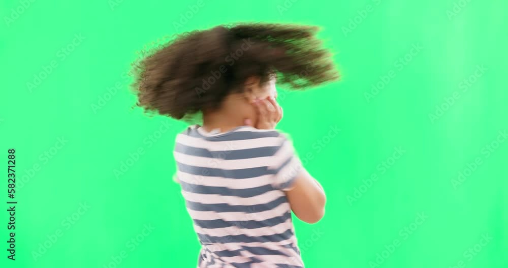 Girl, child and screaming on green screen in studio isolated on a ...