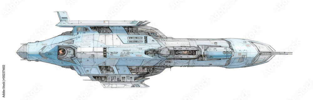 Science fiction spaceship or starship, ink plan drawing. Side view. sci ...