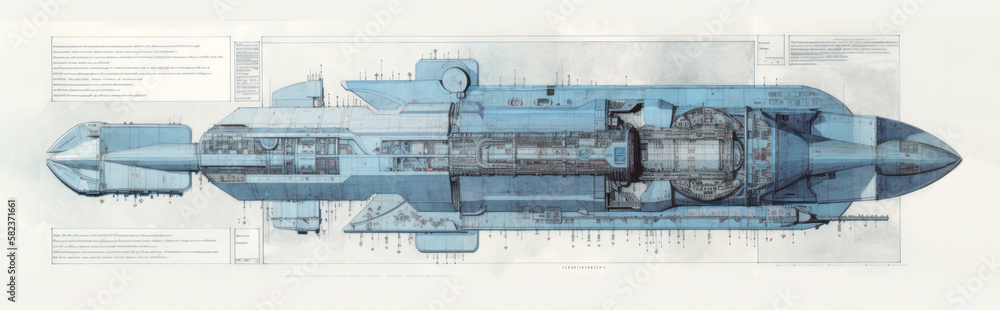 Scifi spaceship or space colony or massive starship, ink plan drawing ...