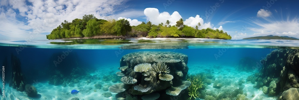 Land Meets Sea: A Breathtaking Split View of a Tropical Island and Its ...