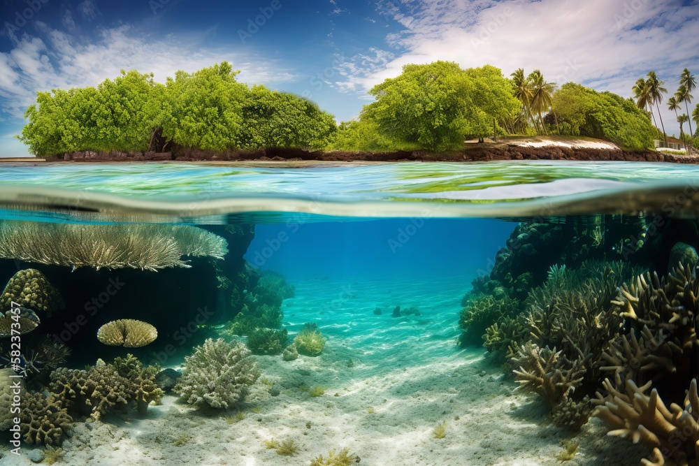 Land Meets Sea: A Breathtaking Split View of a Tropical Island and Its ...