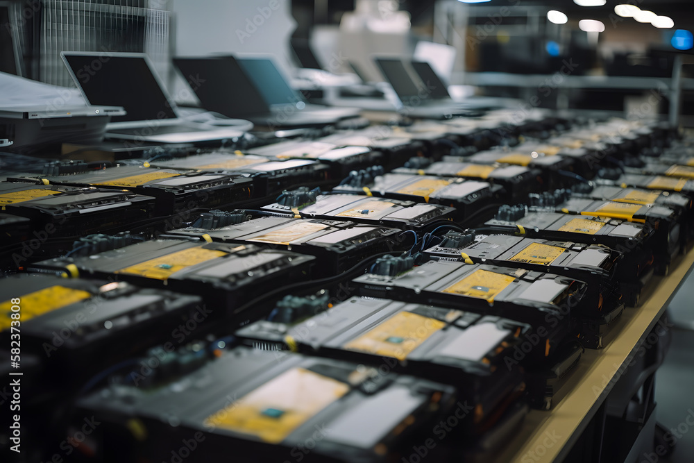 Conveyor in an assembly shop assembles a laptop motherboard using ...