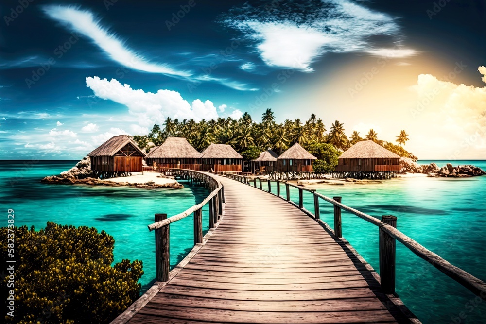 long wooden walkway across sea to island with bungalows on maldives ...