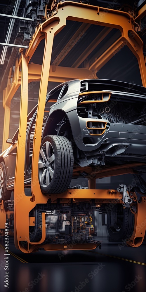Car chassis on a moving conveyor belt at a vehicle assembly factory ...