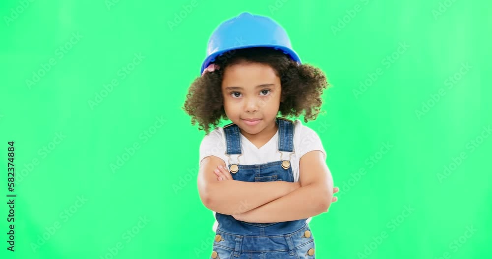 No, green screen and portrait of child shaking head arms crossed ...