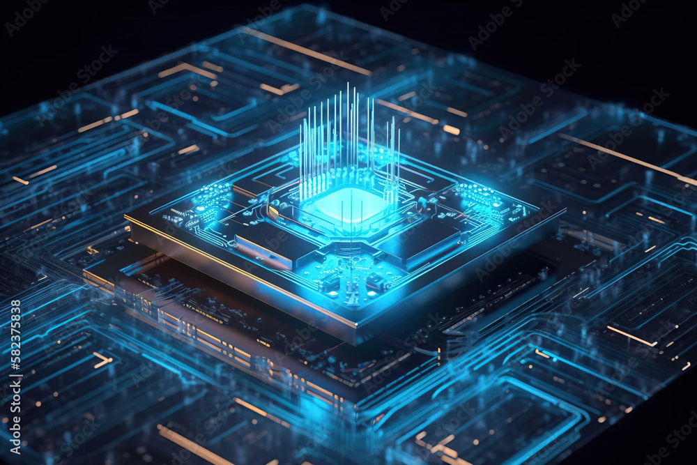 3D illustration of cyberpunk AI. Circuit board. Technology background ...