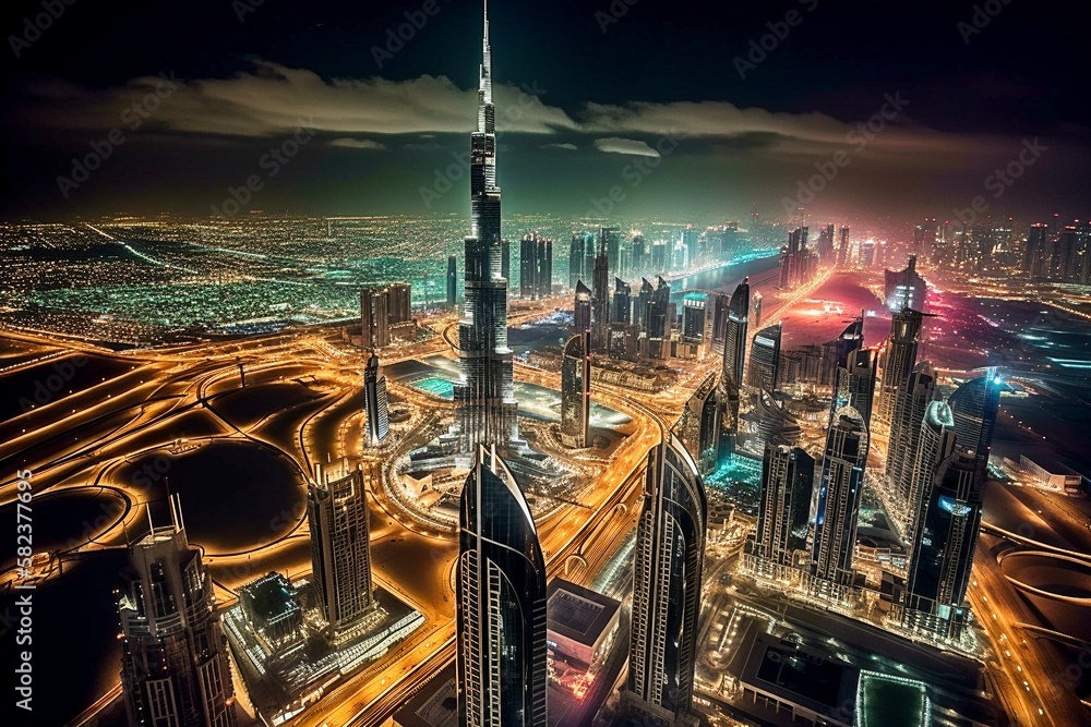 Dubai Skyline: Burj Khalifa and Architectural Marvels Glowing at Night ...
