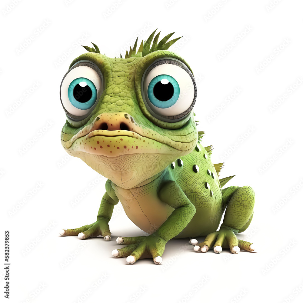 A green lizard with a big blue eye and a big blue eye. on a white ...