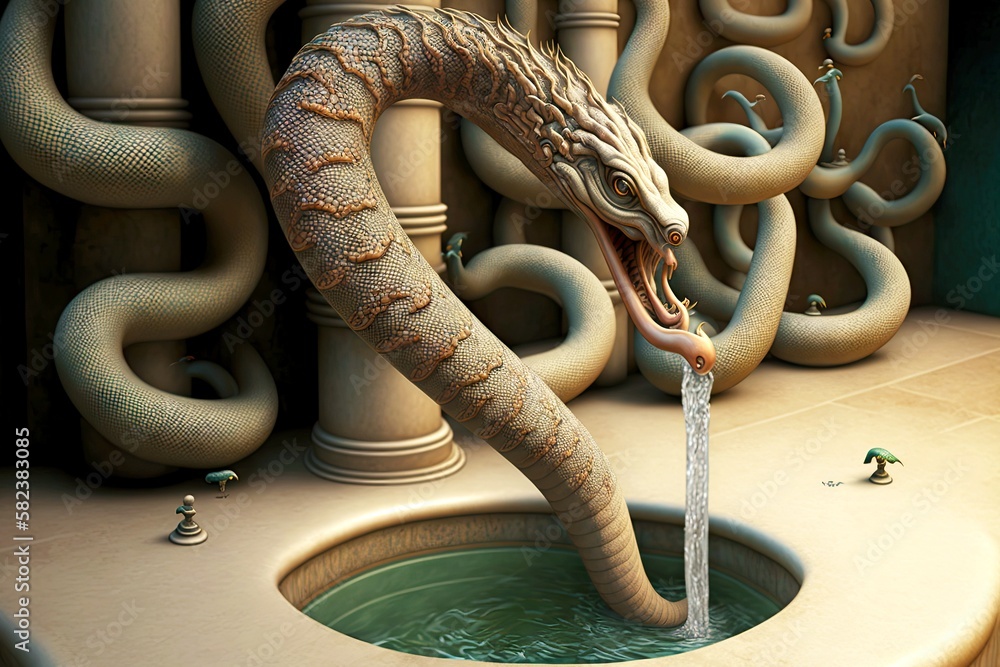 water flows from snake-like tap into crowded form, created with ...