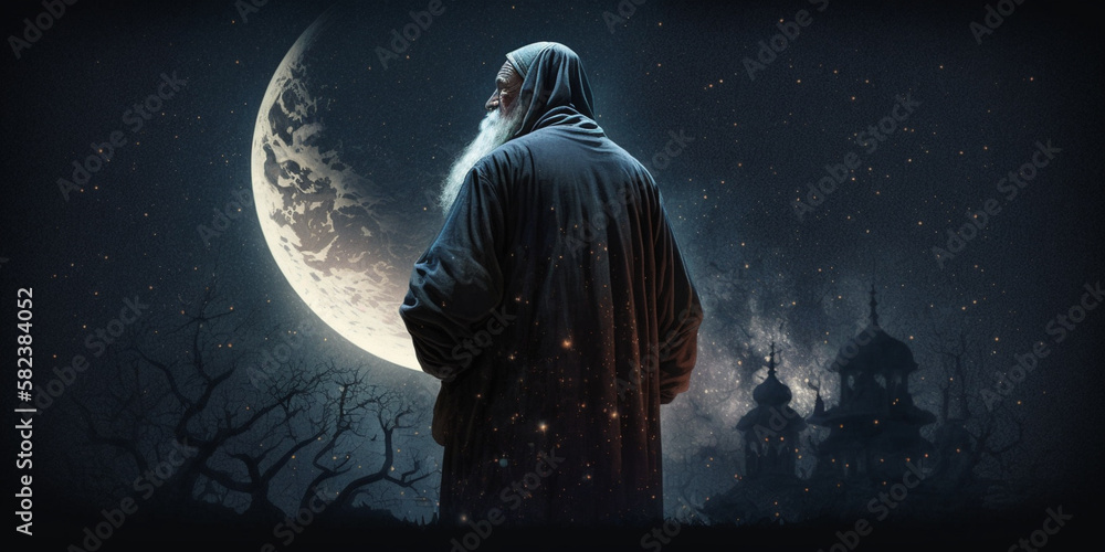 muslim old man praying on a starry and crescent moon moon night ...