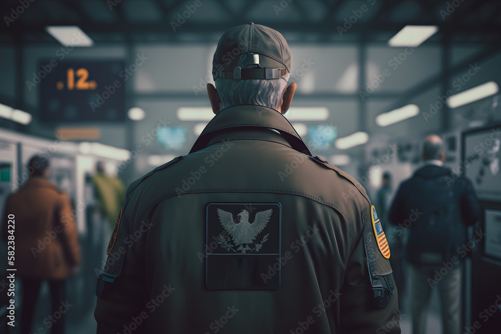 Border guard in uniform at passport control at the airport, rear view ...