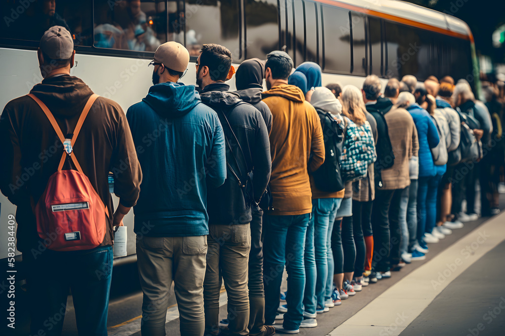 Crowd of people queuing to board the bus, bus stop in the city ...
