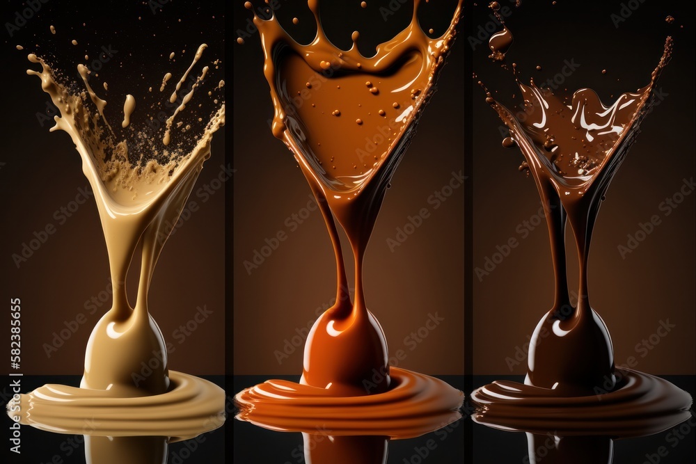 Three different types of chocolates dropping into liquid, a splash of ...