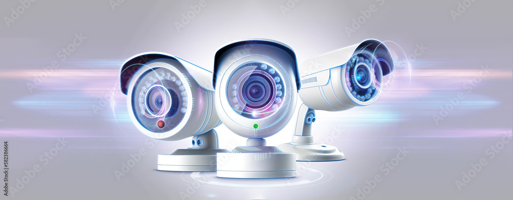 generic professional set of security cameras in white glossy material ...