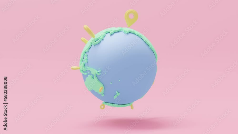 Earth globe green blue with yellow pinpoints or pin map. Animation ...