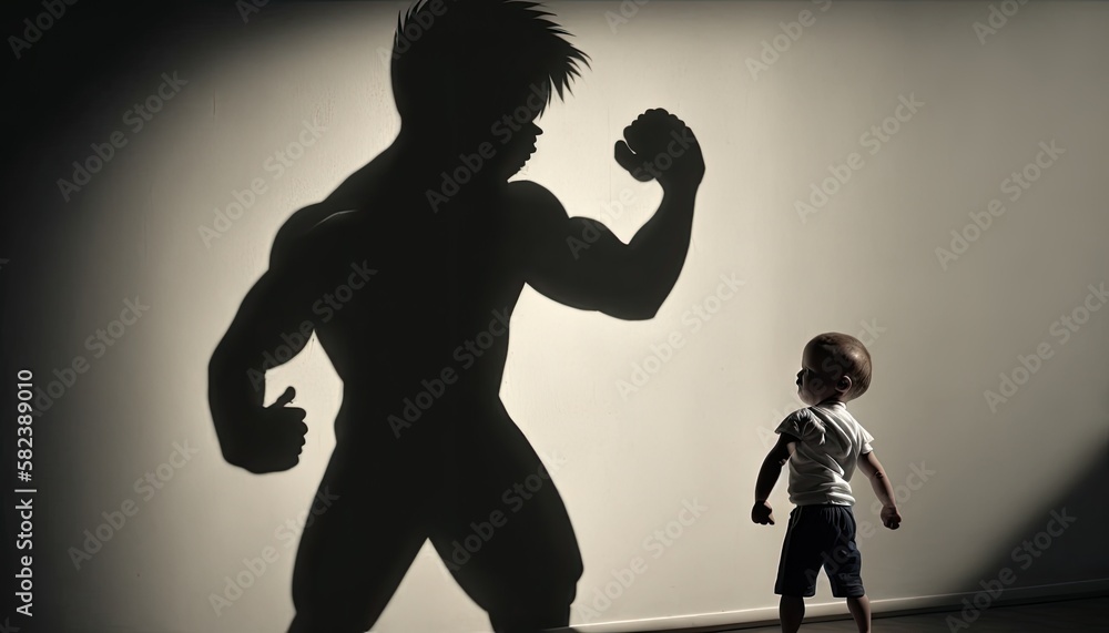 Little kid boy with strongman athlete shadow on wall, young boy wishing ...