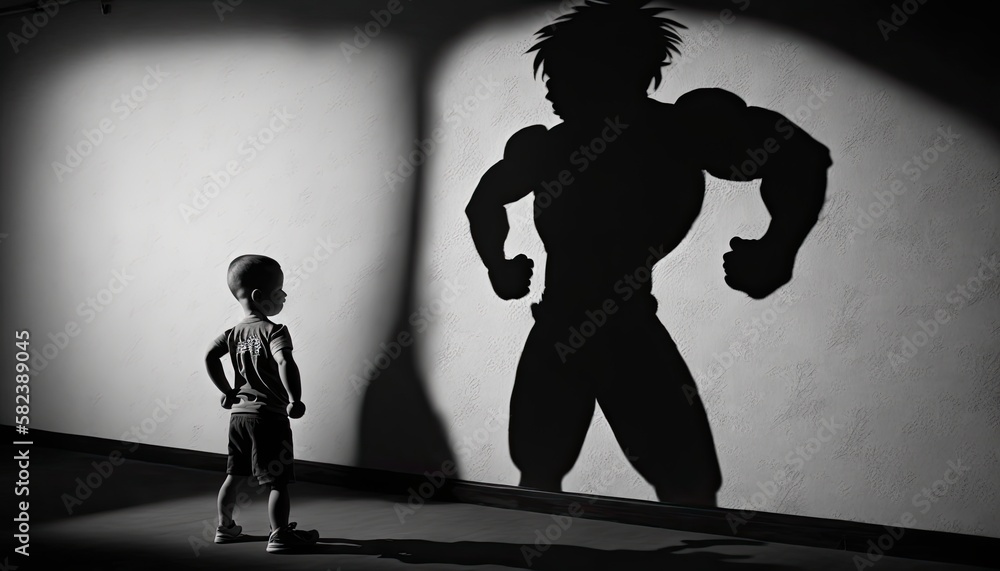 Little kid boy with strongman athlete shadow on wall, young boy wishing ...