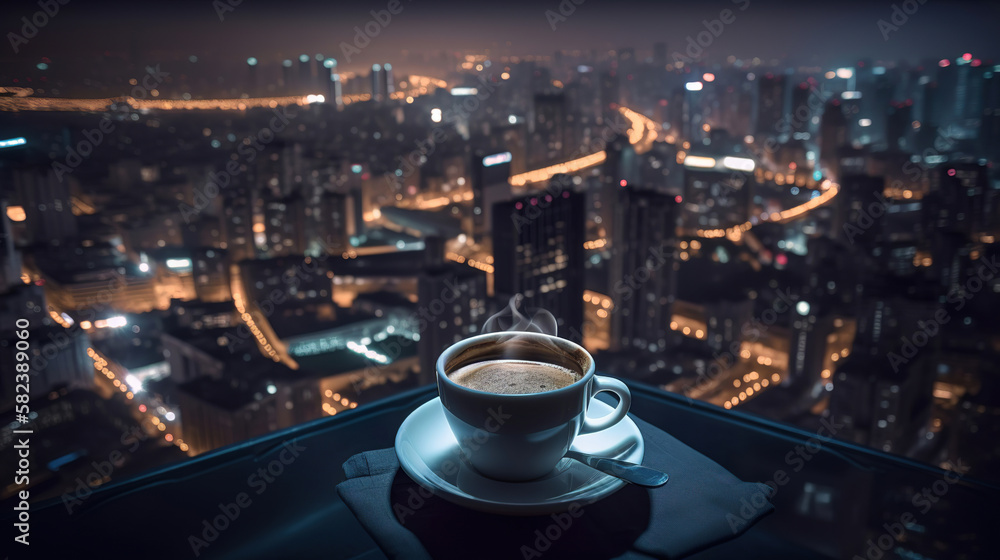 coffee in the night on the top of a skyscraper over the city, beautiful ...