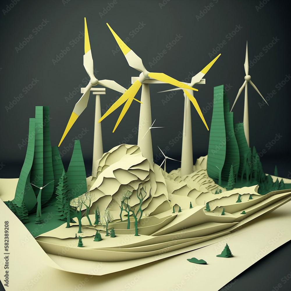 Paper art depicting renewable energy with green wind turbines and ...