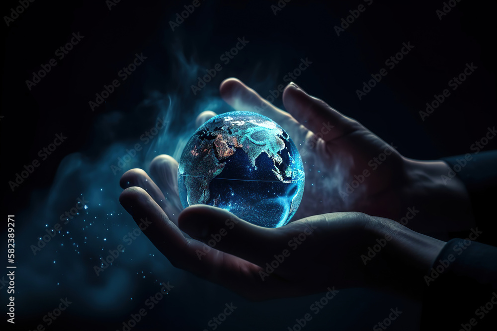 hand holding glowing planet earth, environment protection, we have only one Earth, generative ai ...