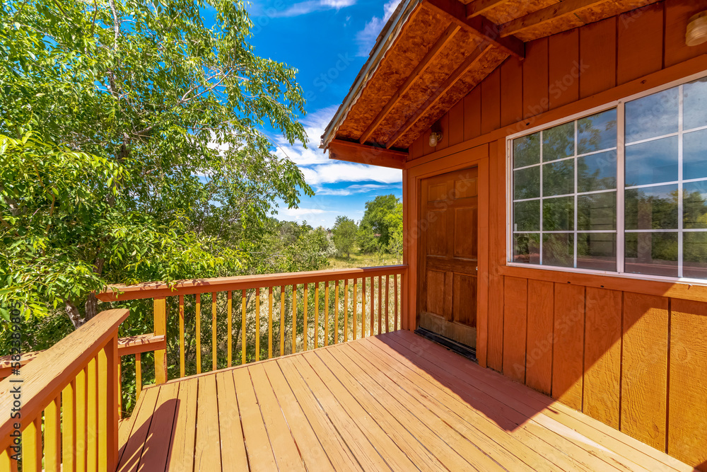 Poster Wooden guest house exterior with paned windows and wooden front ...