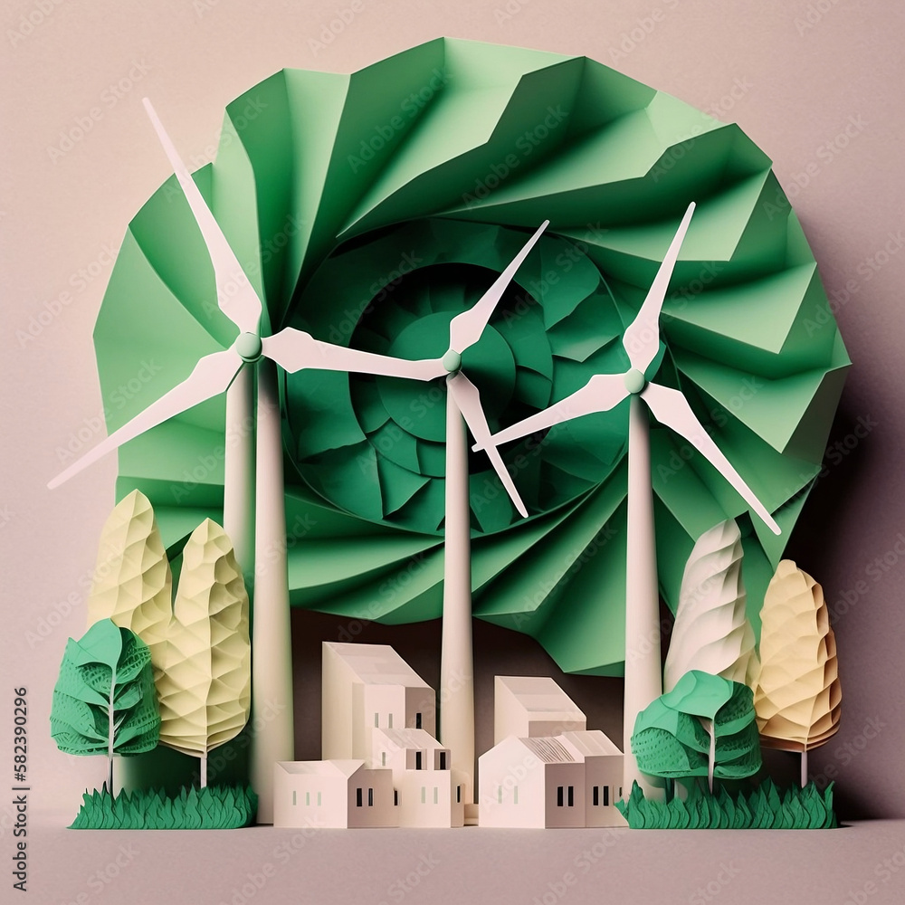 Paper art depicting renewable energy with green wind turbines and ...