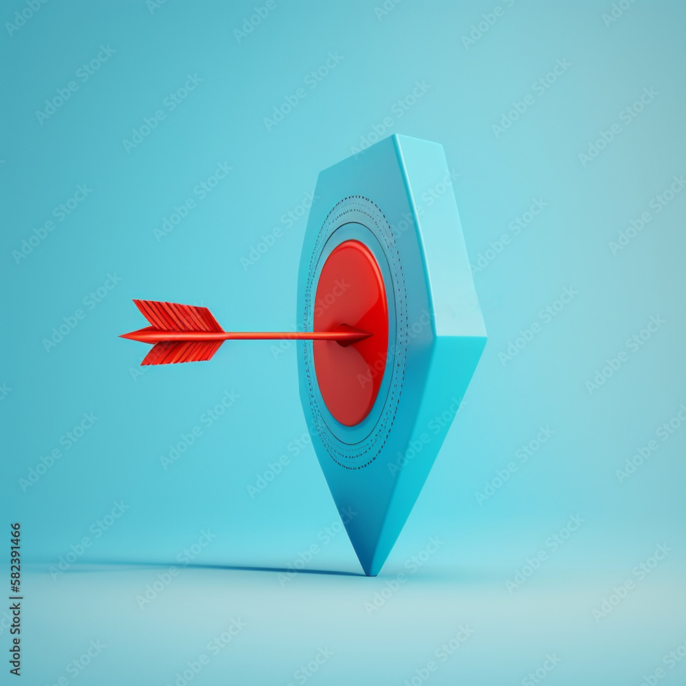 A red arrow hit the center of red target with light blue background ...