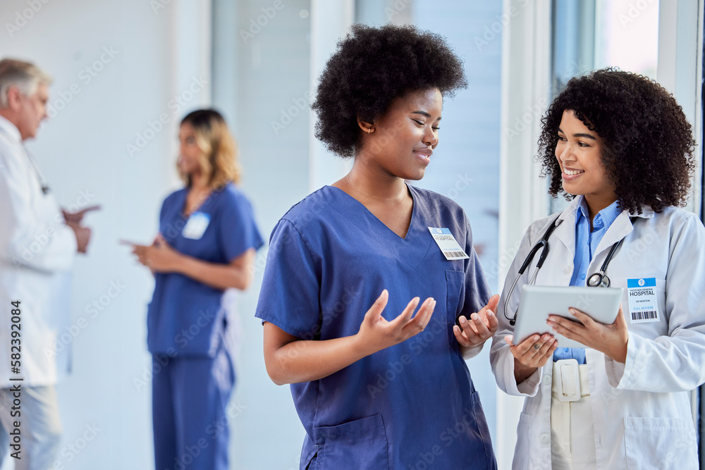 Doctors, nurse and teamwork on tablet for hospital management, data ...