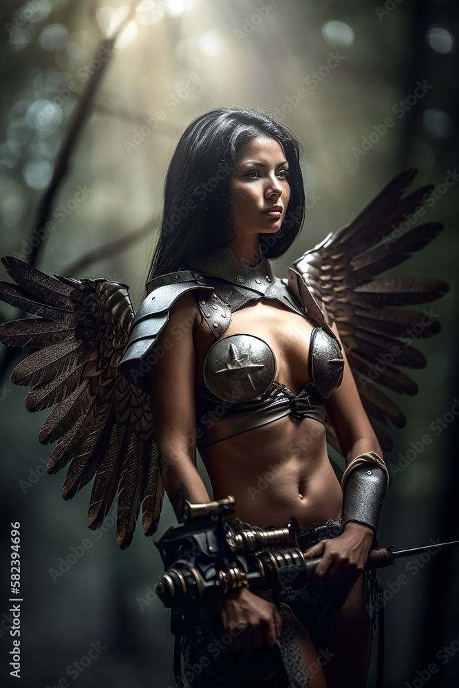 Black haired female Archangel with a warhammer and sexy medieval armor standing in the forest ...
