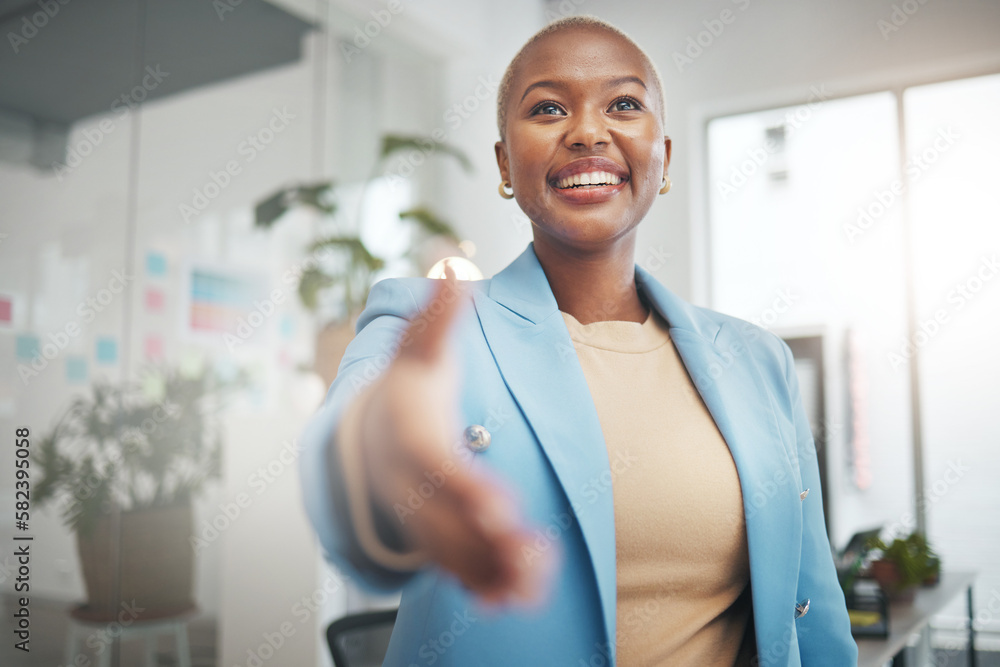 Black woman, handshake and business partnership for trust, support or ...