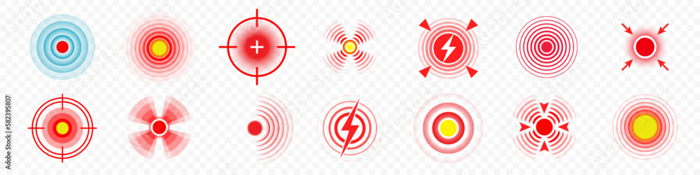 Pain target circles, red radial spot points of throat pain, vector ...