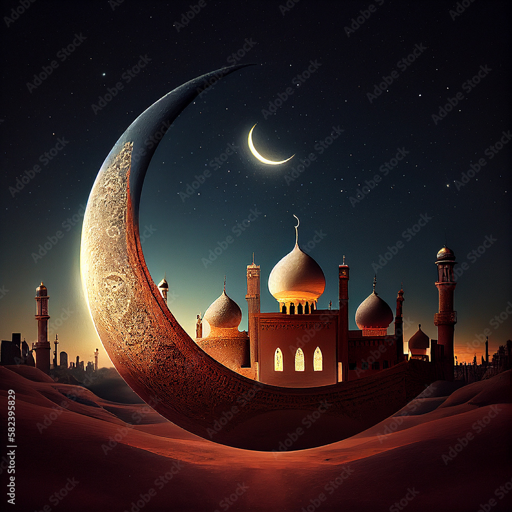 Fastening month of Ramadan, religion of Islam, crescent moon over the ...