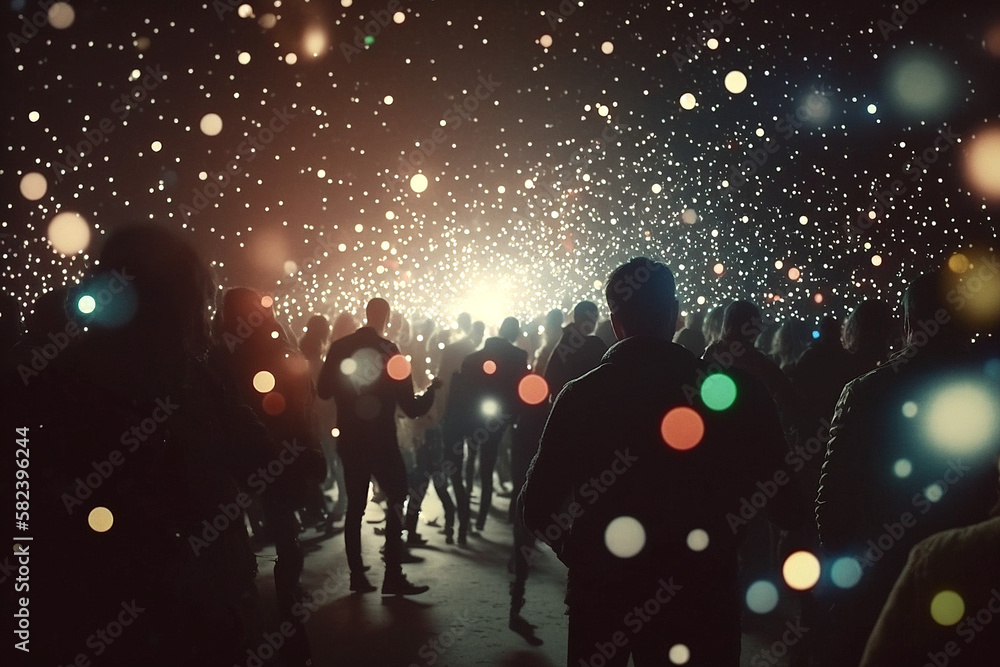 Huge dance floor in a big hall. Colored lights. Crowd of thousands of ...