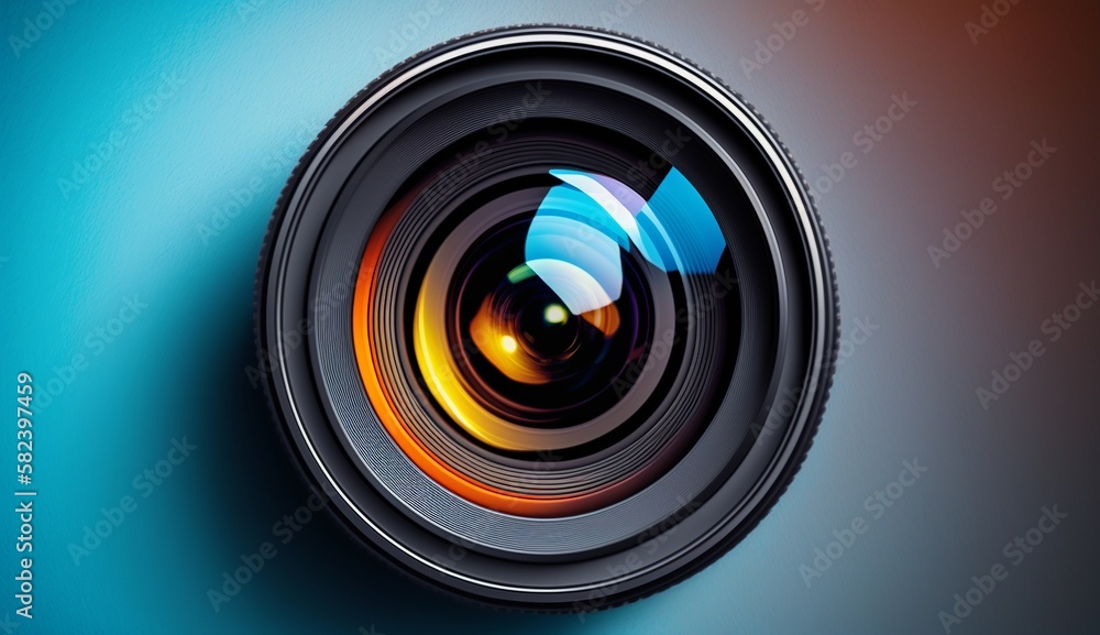 From a top view, a camera lens captures a bright studio background AI ...