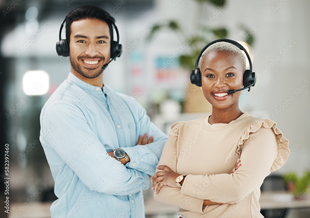 Business people, call center and portrait smile with arms crossed for ...
