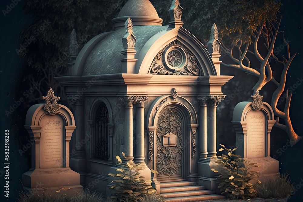 entrance to family luxurious crypt overgrown with grass in cemetery ...