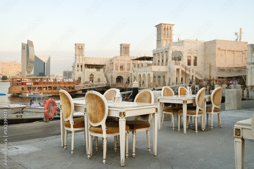 Outdoor restaurant at Al Seef in Dubai, UAE Stock Photo | Adobe Stock
