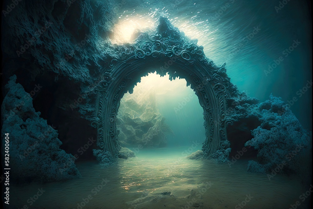 ancient arch at bottom of sea diving in underwater cave, created with ...