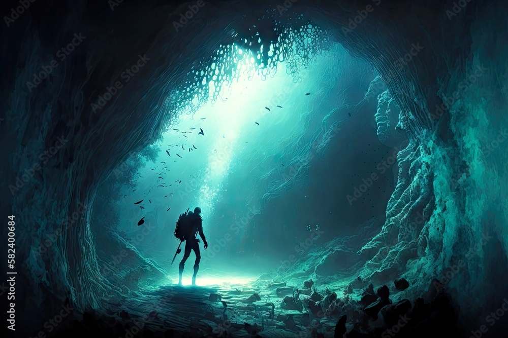 dark mysterious underwater cave diving to bottom of ocean, created with ...